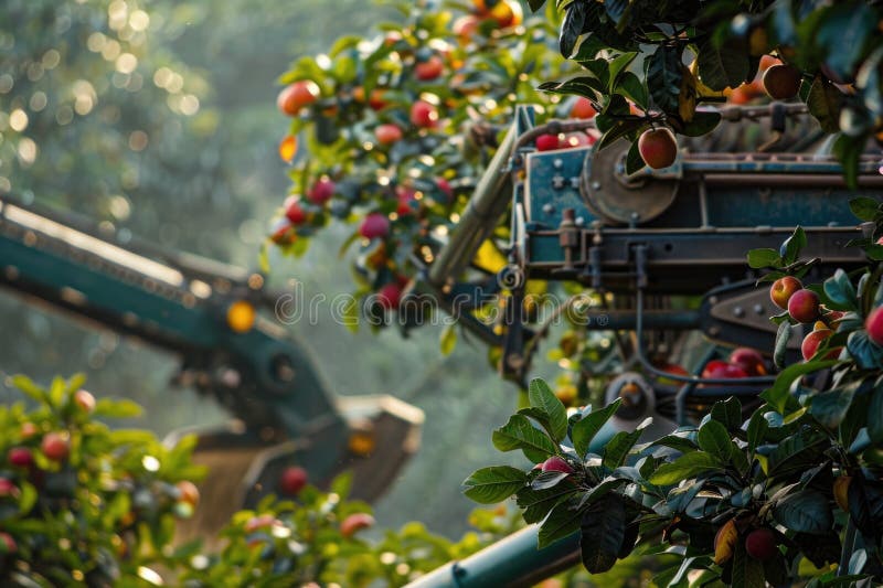 Mechanical Harvesting of Apples in a Lush Orchard at Sunrise AI Stock ...