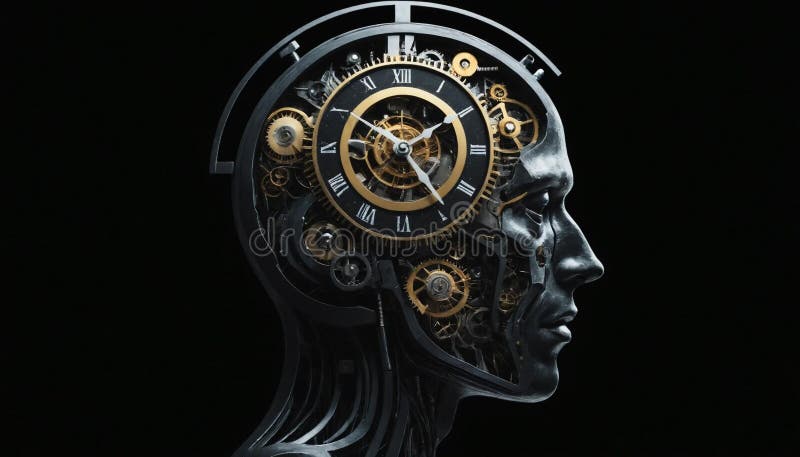 Mechanical Head with Clockwork Gears and a Clock Face, Representing the ...