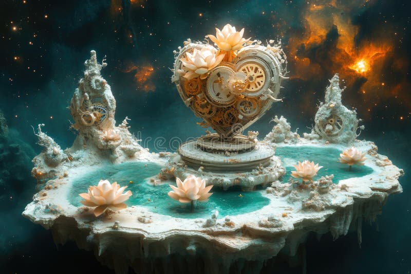 Heart-Shaped Clockwork Mechanism in a Surreal Floating Island Landscape ...