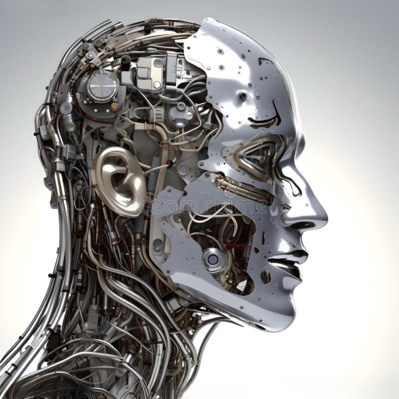 Mechanical Humanoid Man Head with Digital Technology and Electronics ...