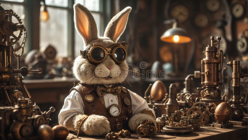 Mechanical and Inventive Scene of Workshop with Steampunk Easter Egg and Bunny Rabibit Wears ...