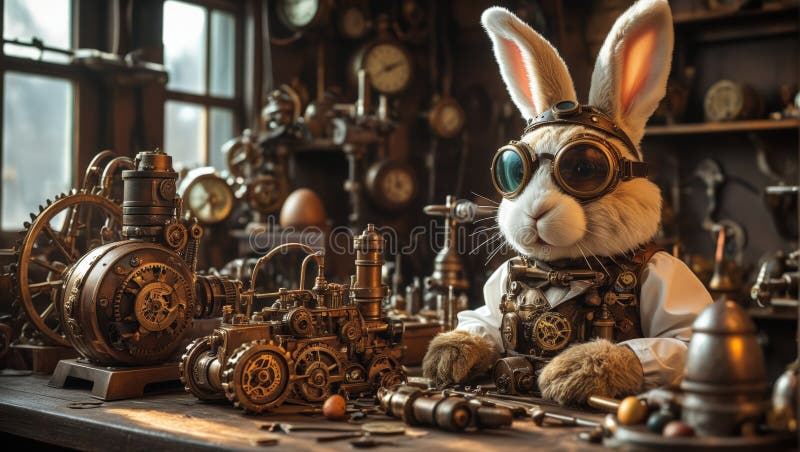 Mechanical and Inventive Scene of Workshop with Steampunk Easter Egg and Bunny Rabibit Wears ...