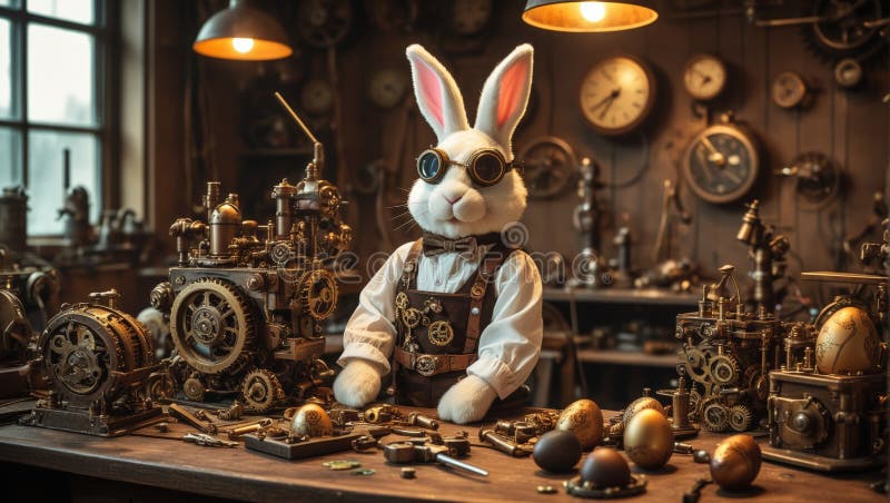 Mechanical and Inventive Scene of Workshop with Steampunk Easter Egg and Bunny Rabibit Wears ...