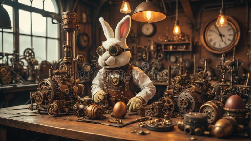 Mechanical and Inventive Scene of Workshop with Steampunk Easter Egg and Bunny Rabibit Wears ...