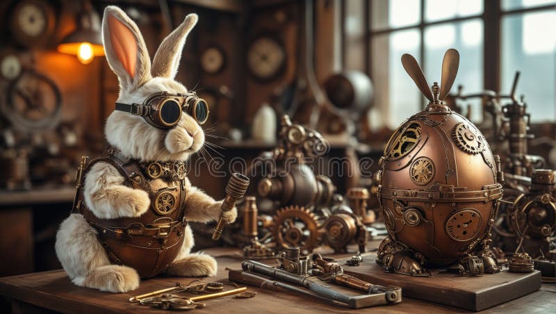 Mechanical and Inventive Scene of Workshop with Steampunk Easter Egg and Bunny Rabibit Wears ...