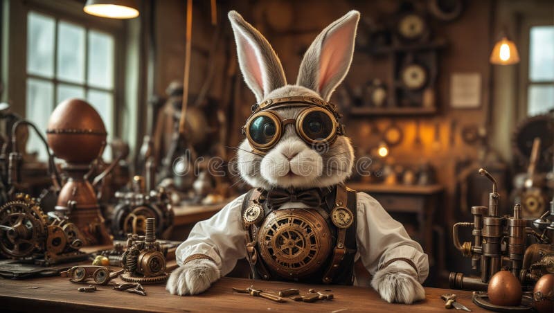 Mechanical and Inventive Scene of Workshop with Steampunk Easter Egg and Bunny Rabibit Wears ...