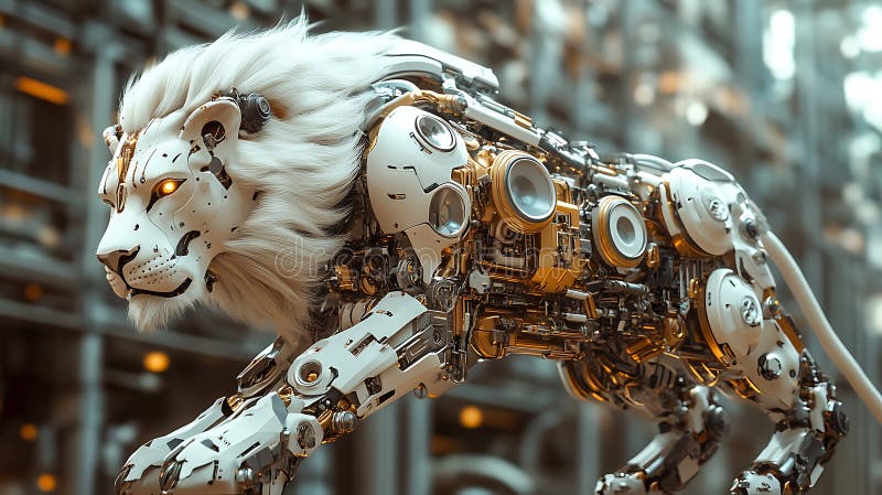 A Mechanical Lion Featuring Intricate Robotic Components and Sleek ...