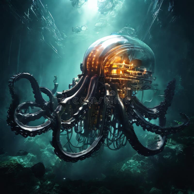 Mechanical Octopus Deep Underwater with Glowing Elements Stock Image ...