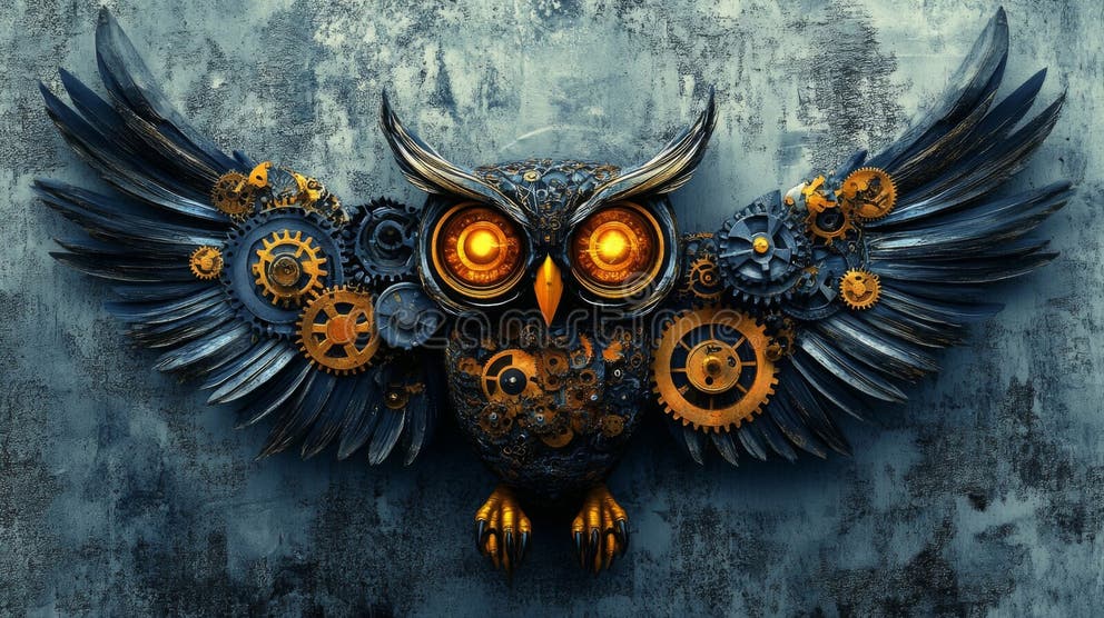 Mechanical Owl with Glowing Eyes on Dark Blue Background Stock ...