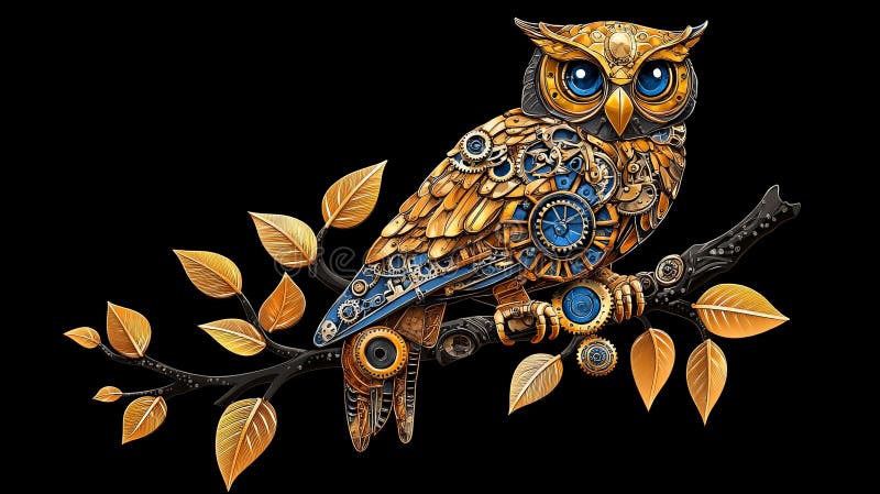 Mechanical Owl Perched on Clockwork Tree Branch Stock Illustration ...