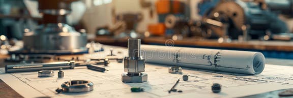 Mechanical Parts and Blueprints on a Workbench in an Engineering ...