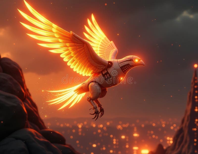 Mechanical Phoenix in Flight at Sunset Stock Illustration ...