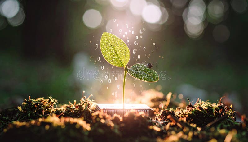 Mechanical Plant Growing Binary Leaves. Artificial Intelligence Concept ...