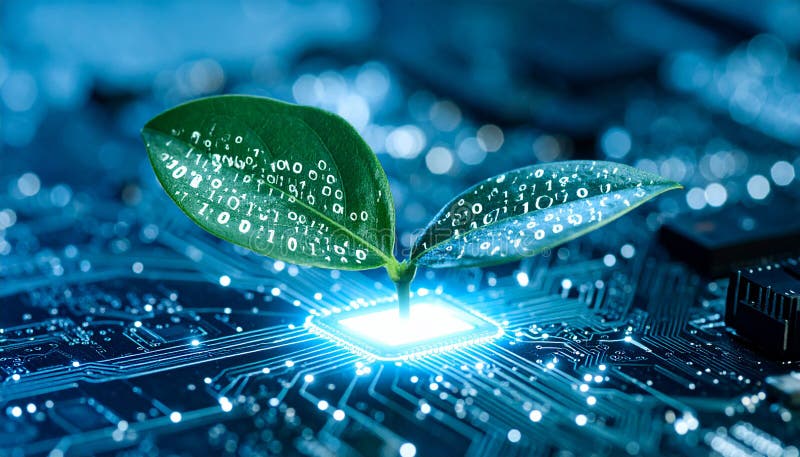 Mechanical Plant Growing Binary Leaves. Artificial Intelligence Concept ...