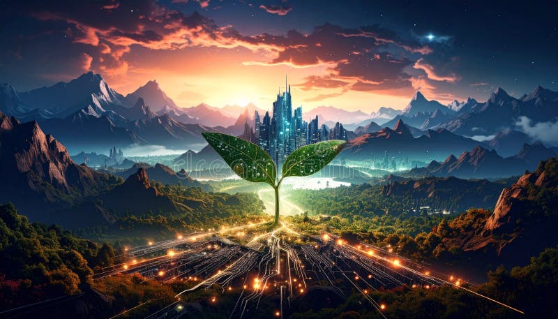 Mechanical Plant Growing Binary Leaves. Artificial Intelligence Concept ...