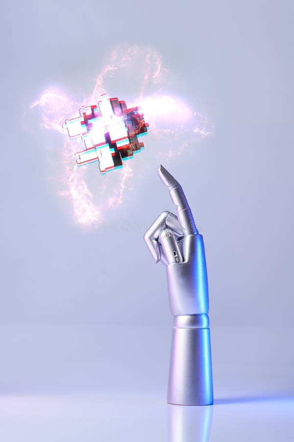 Mechanical Robot Arm or Hand Interacts with Futuristic Digital ...