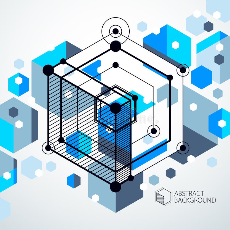 Mechanical Scheme, Blue Vector Engineering Drawing with 3D Cubes Stock ...