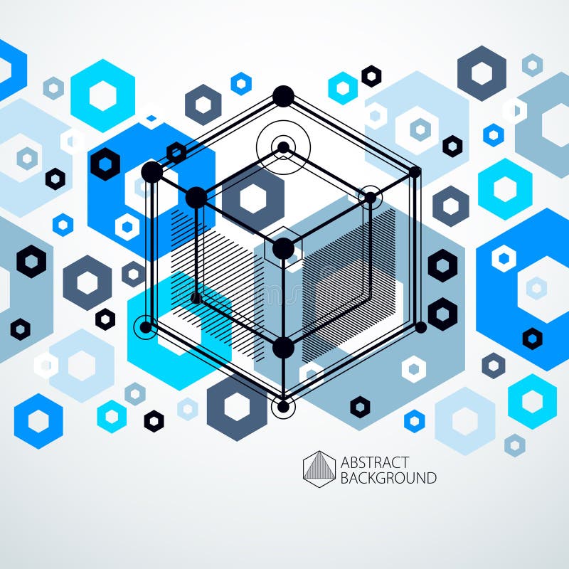 Mechanical Scheme, Blue Vector Engineering Drawing with 3D Cubes and ...