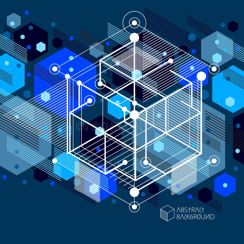 Mechanical Scheme, Dark Blue Vector Engineering Drawing with 3D Cubes ...