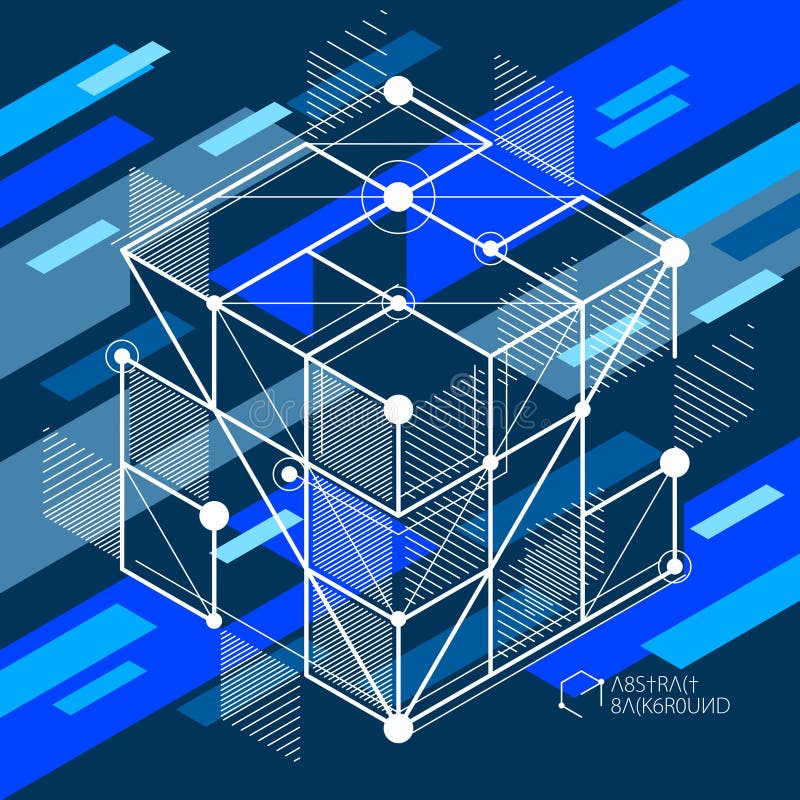 Mechanical Scheme, Dark Blue Vector Engineering Drawing with 3D Cubes ...