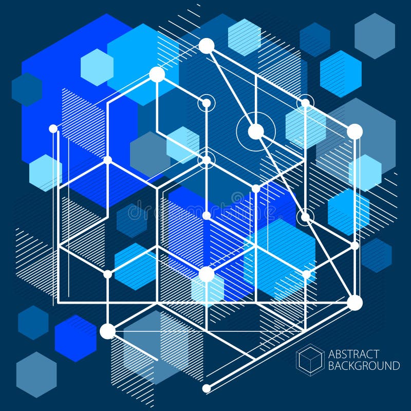 Mechanical Scheme, Dark Blue Vector Engineering Drawing with 3D Cubes ...