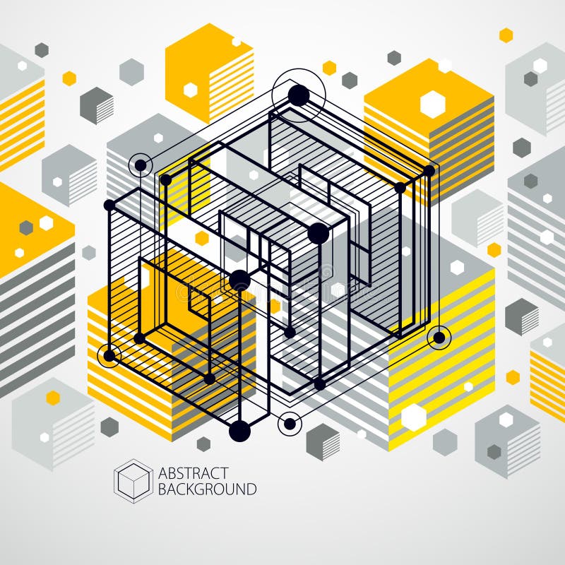 Mechanical Scheme, Yellow Vector Engineering Drawing with 3D Cubes and ...