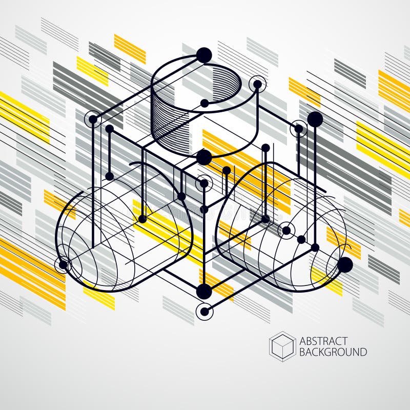 Mechanical Scheme, Yellow Vector Engineering Drawing with 3D Cubes and ...
