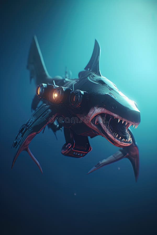 Mechanical Shark with Metal Teeth Gliding through Depths of Ocean in ...