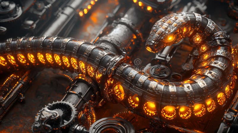 Mechanical Snake is Lying on the Ground, Illuminated by Warm Lights ...