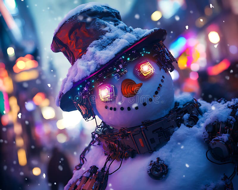 A Mechanical Snowman with a Digital Hat and Glowing Eyes, Stock Illustration - Illustration of ...