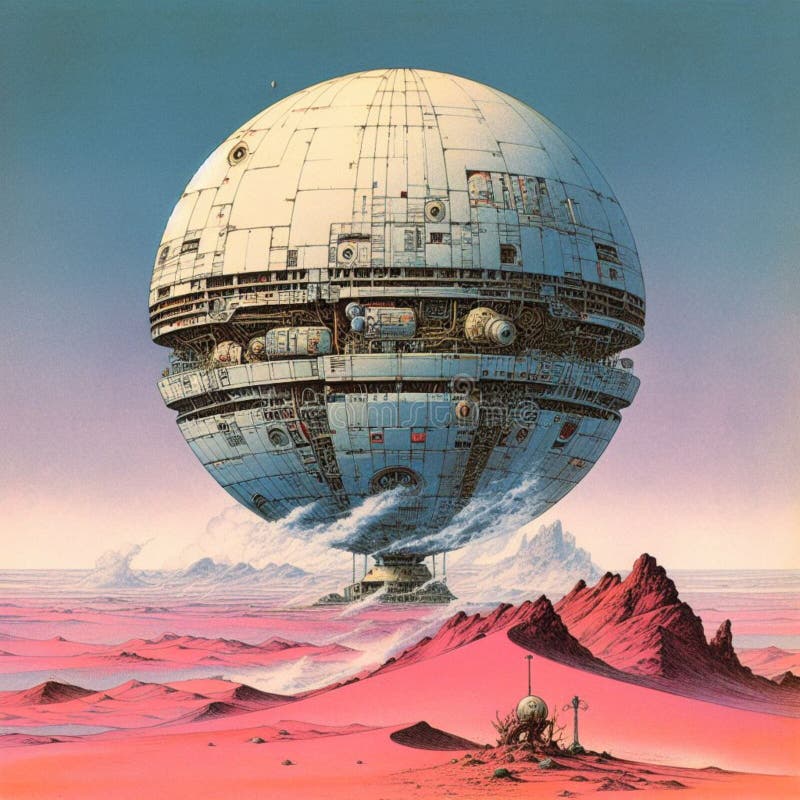 A Mechanical Sphere Floating Over a Pink Desert, 1970 S Sci Fi ...