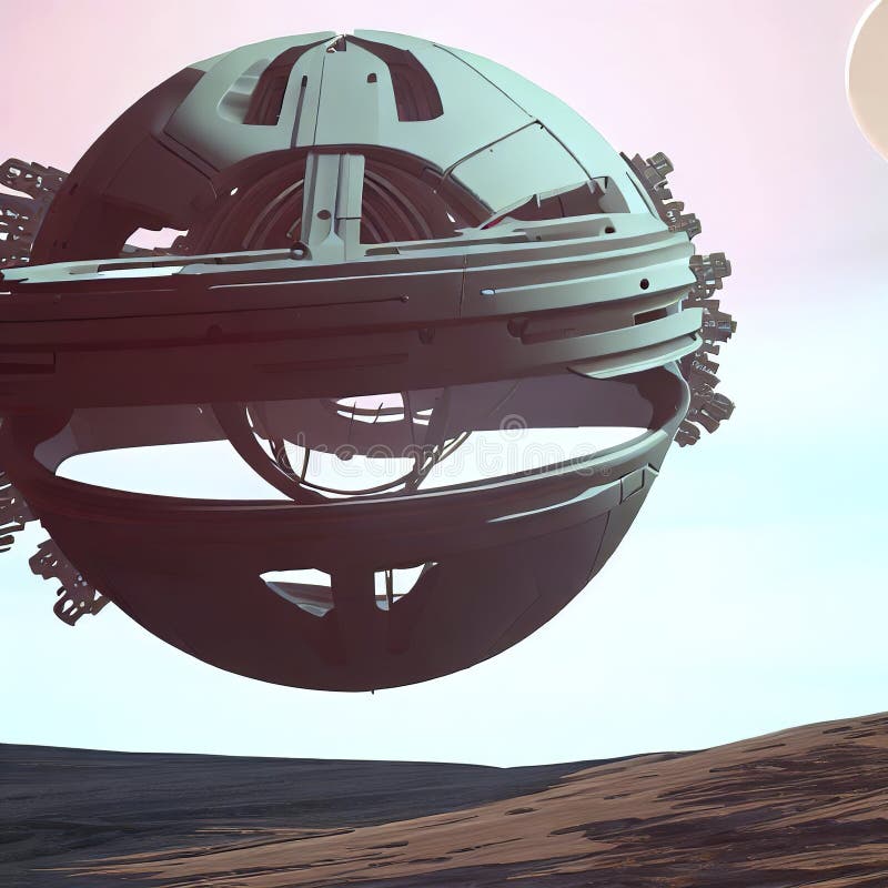A Mechanical Sphere Floating Over a Pink Desert Stock Illustration ...