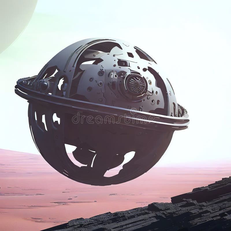 A Mechanical Sphere Floating Over a Pink Desert Stock Illustration ...