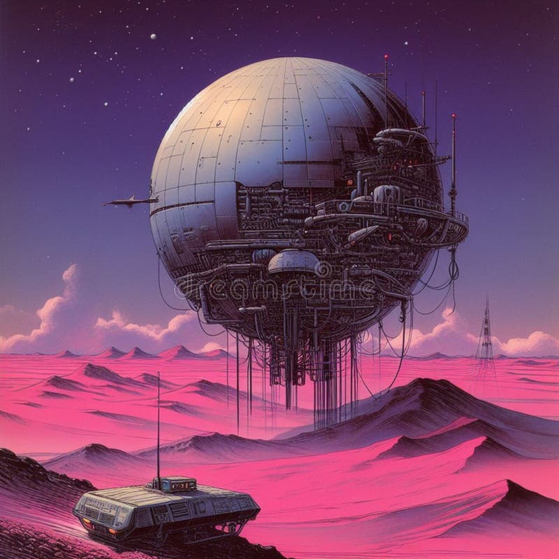 A Mechanical Sphere Floating Over a Pink Desert, 1970 S Sci Fi ...