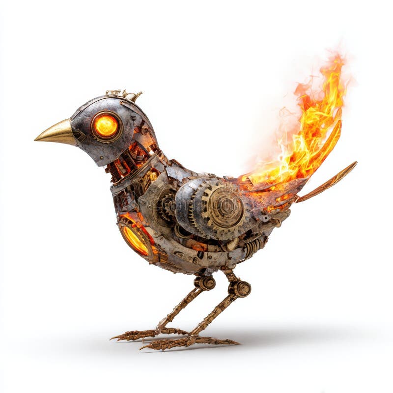 Mechanical Steampunk Bird with Fire Tail Isolated on White Background ...