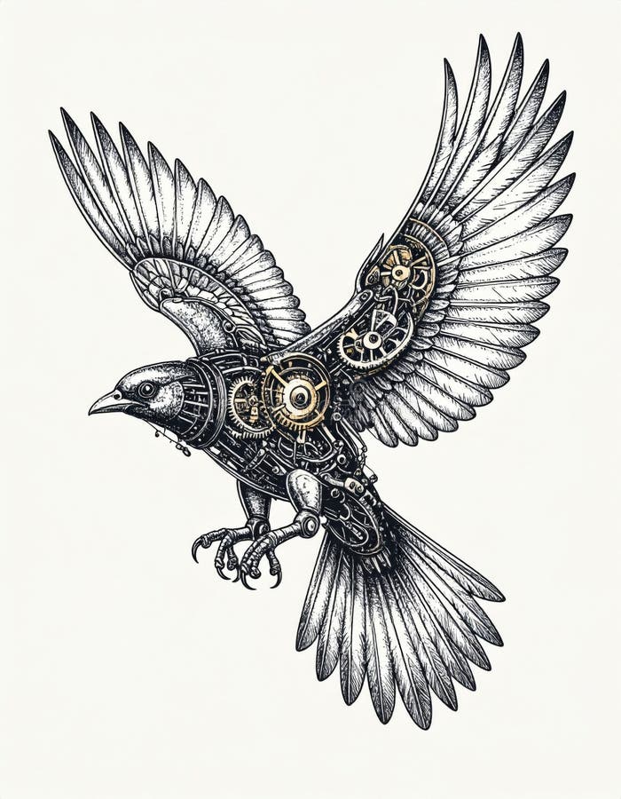 Mechanical Steampunk Bird in Flight Detailed Engraving Design with ...