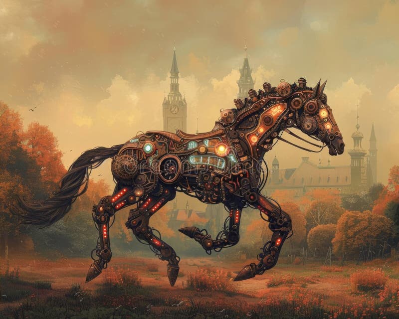 Mechanical Steed Galloping in Steampunk Setting Stock Illustration ...