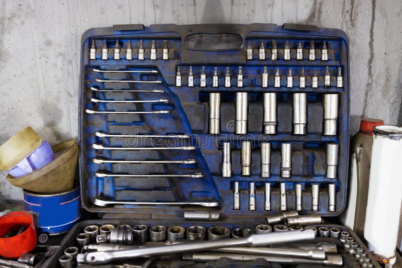 Mechanical Tools in a Toolbox on a Gray Background. Stock Photo - Image ...