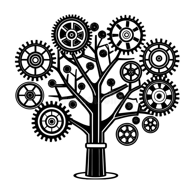 Mechanical Tree with Gears, Black and White Vector Illustration Stock ...