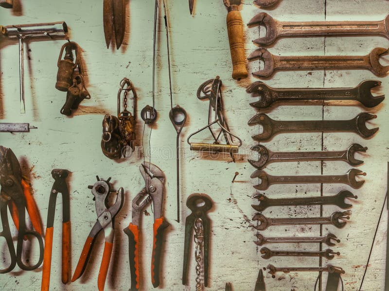 Mechanical Utensils Wall in a Workshop on a Light Background Stock ...