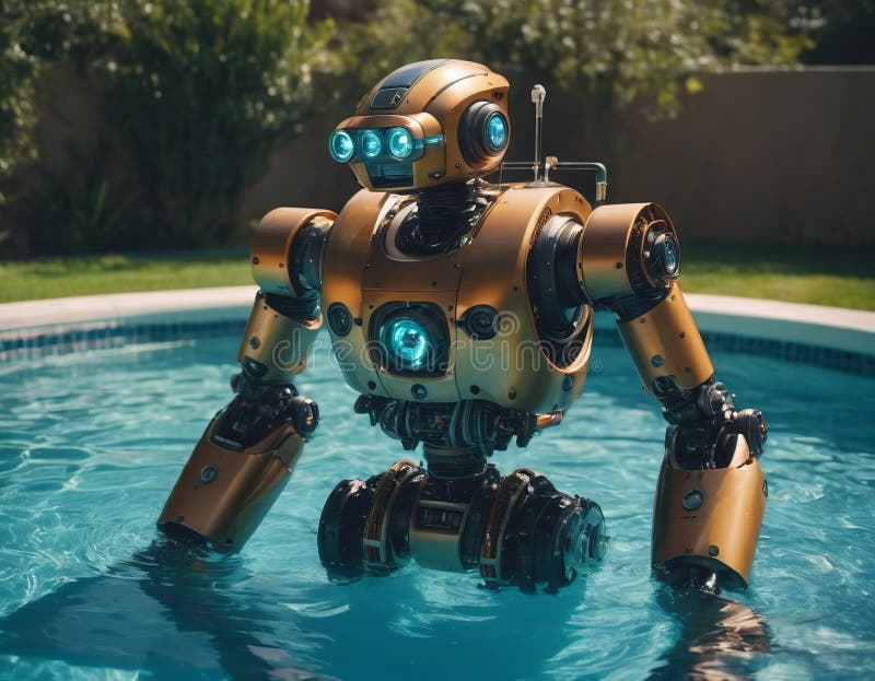 Mechanical Waterproof Robot in Pool. Modern Cybernetic Machine with ...