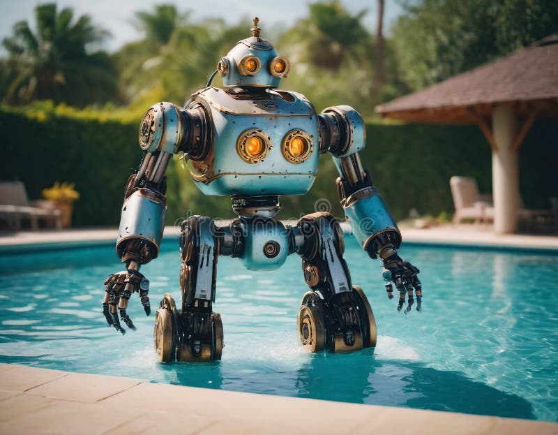 Mechanical Waterproof Robot in Pool. Modern Cybernetic Machine with ...