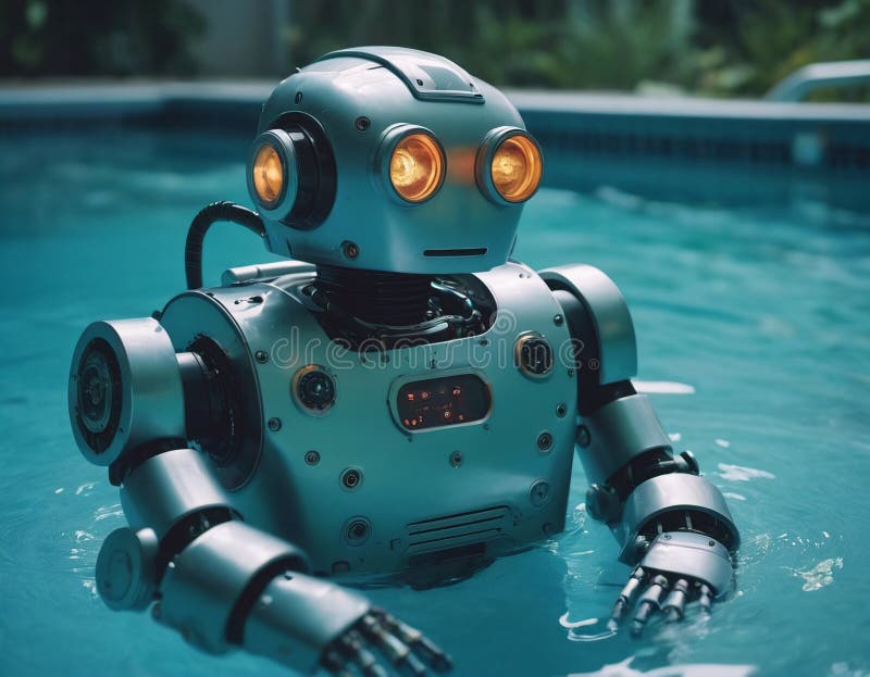Mechanical Waterproof Robot in Pool. Modern Cybernetic Machine with ...
