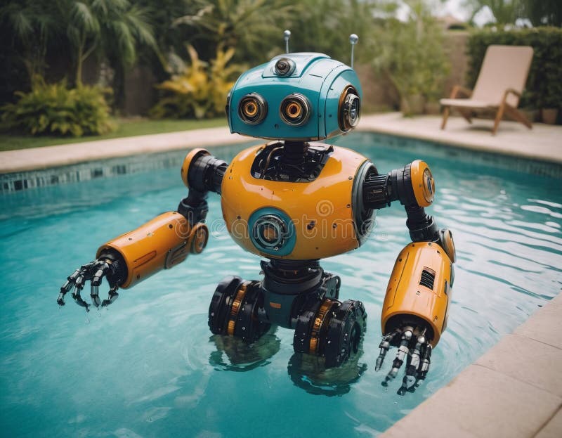 Mechanical Waterproof Robot in Pool. Modern Cybernetic Machine with ...