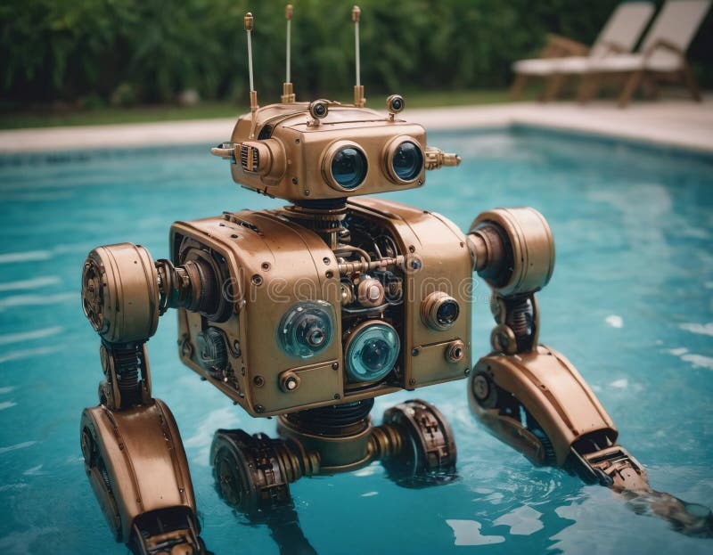 Mechanical Waterproof Robot in Pool. Modern Cybernetic Machine with ...