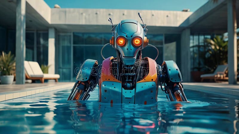 Mechanical Waterproof Robot in Pool. Modern Cybernetic Machine with ...