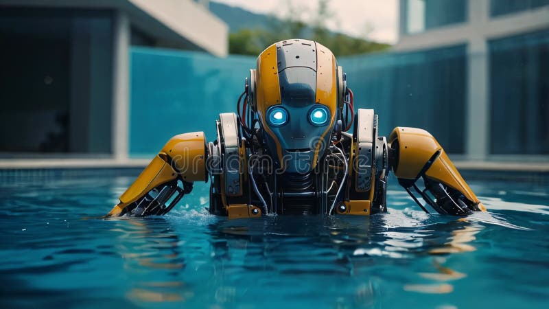 Mechanical Waterproof Robot in Pool. Modern Cybernetic Machine with ...