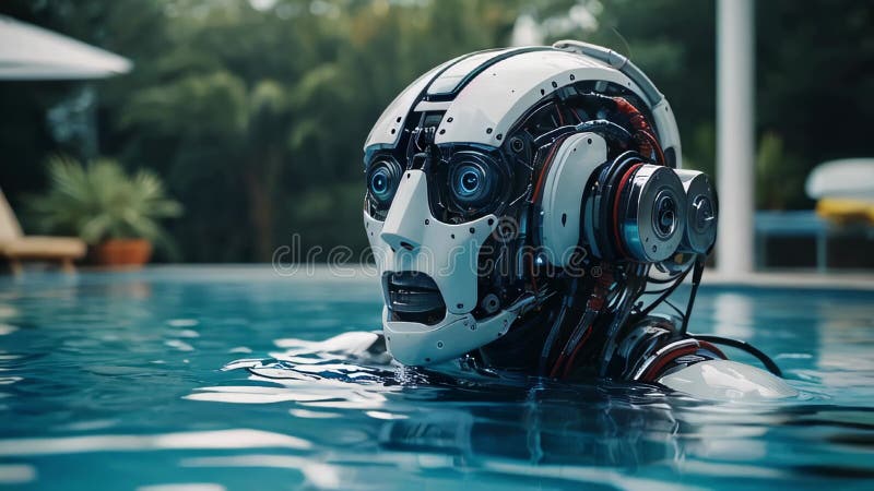 Mechanical Waterproof Robot in Pool. Modern Cybernetic Machine with ...