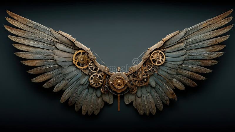 Mechanical Wings with Gears and Feathers on Dark Background Stock ...