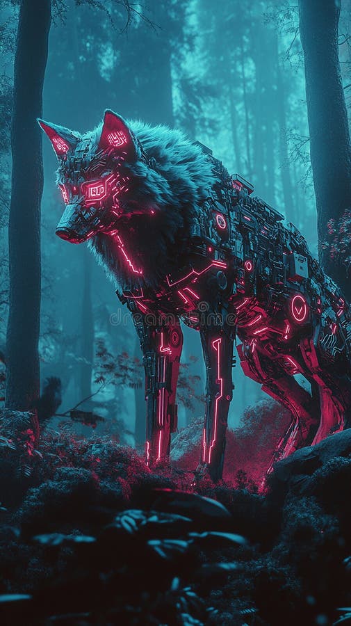 Mechanical Wolf: Enhanced with Neon Circuits in a Cyberpunk World Stock ...